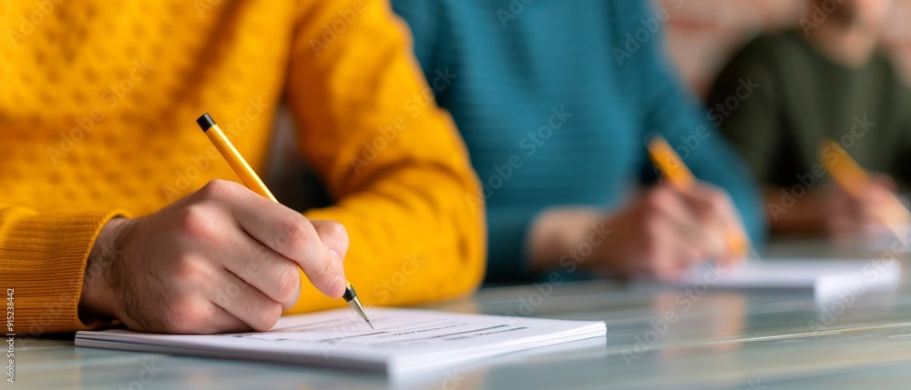 student taking notes in classroom with pencil and notebook, focused on ...