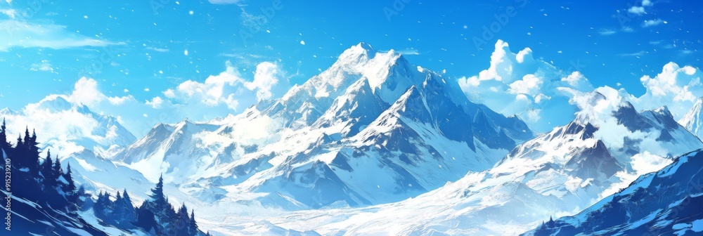 Snowy Peaks in a Winter Wonderland: Anime-Style Mountain Range Towering ...