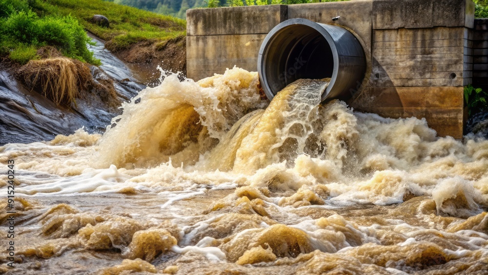 Foamy water gushes out of a concrete storm drain pipe, carrying debris ...
