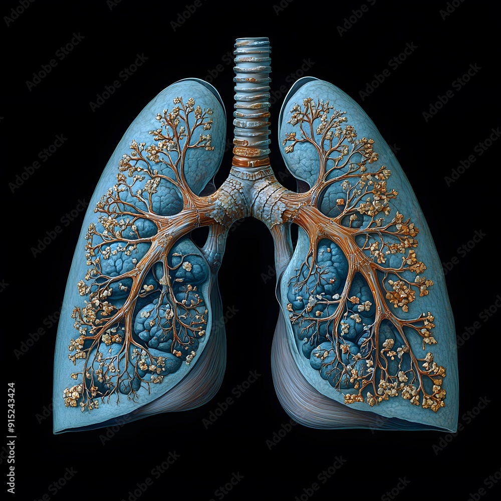 A 16:9 view of the lungs, highlighting the bronchial tree, alveoli, and ...