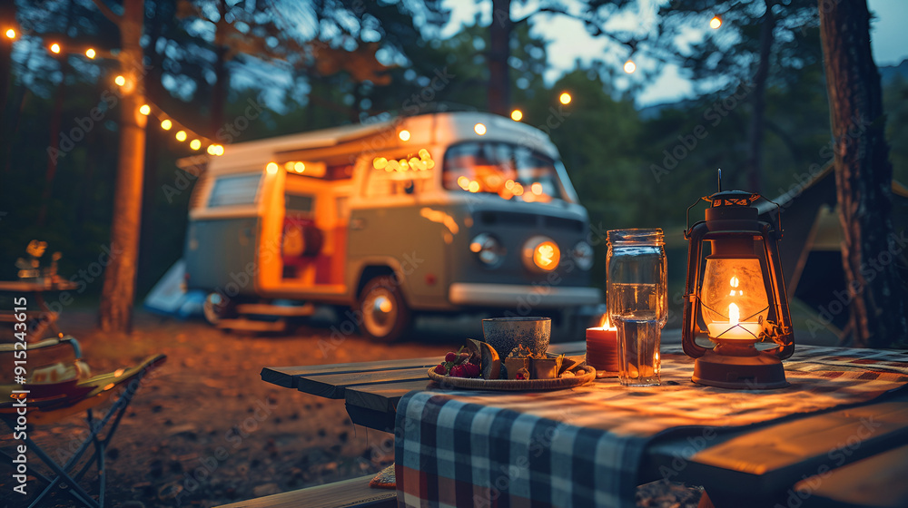 Cozy Campsite Dinner Table Setting with Vintage Camper Van Lit Up in ...