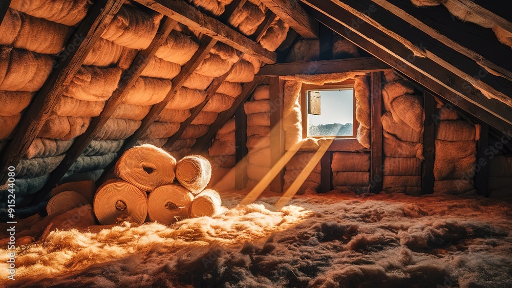 Attic with cellulose insulation and window, Well-organized attic space ...