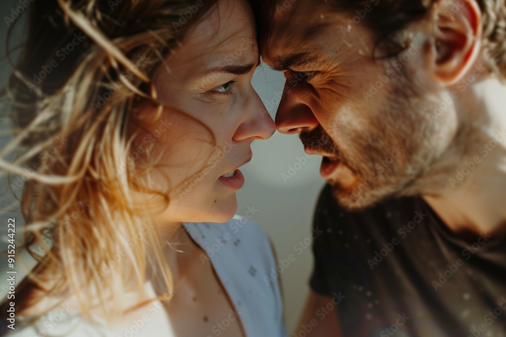 Intense close-up of a couple facing each other with strong emotions and ...