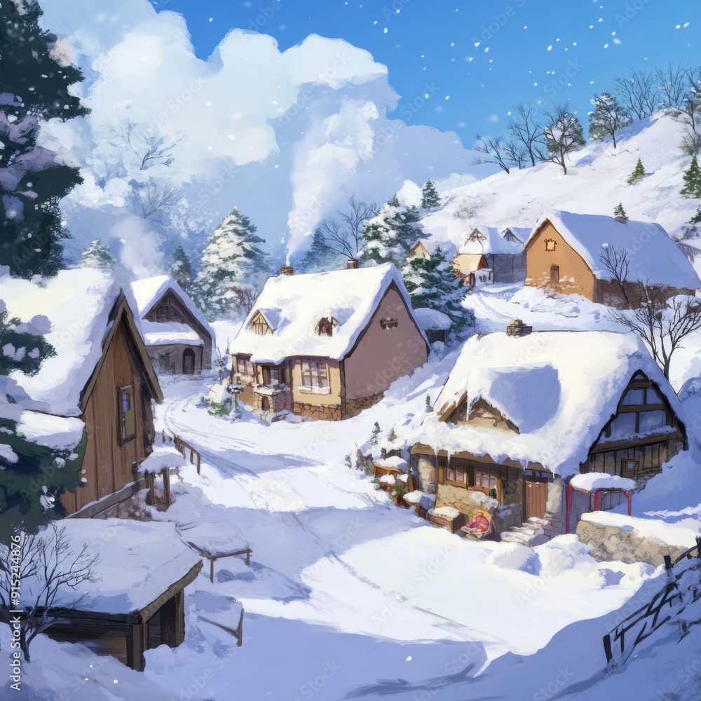 Snow-Covered Anime-Style Hamlet: Cozy Cottages and Abstract Concept Art ...