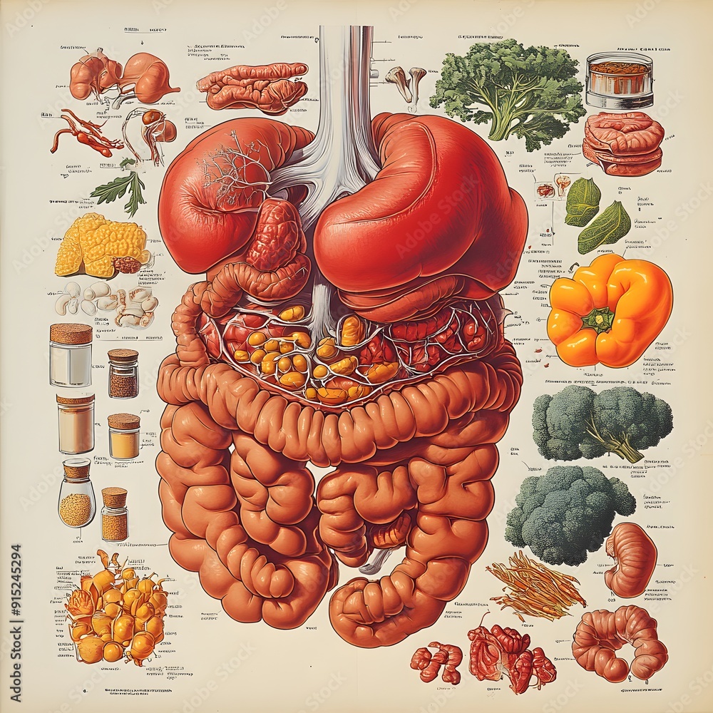A 16:9 aspect ratio diagram of the human digestive system, tracing the ...