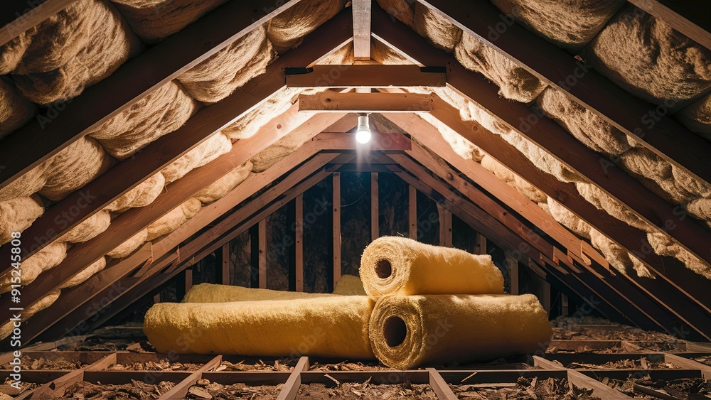 Empty attic in the house with mineral wool insulation, installing ...