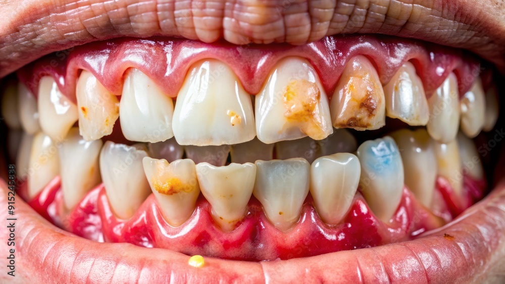 Painful close-up of a bloody mouth with a chipped front tooth, gums ...
