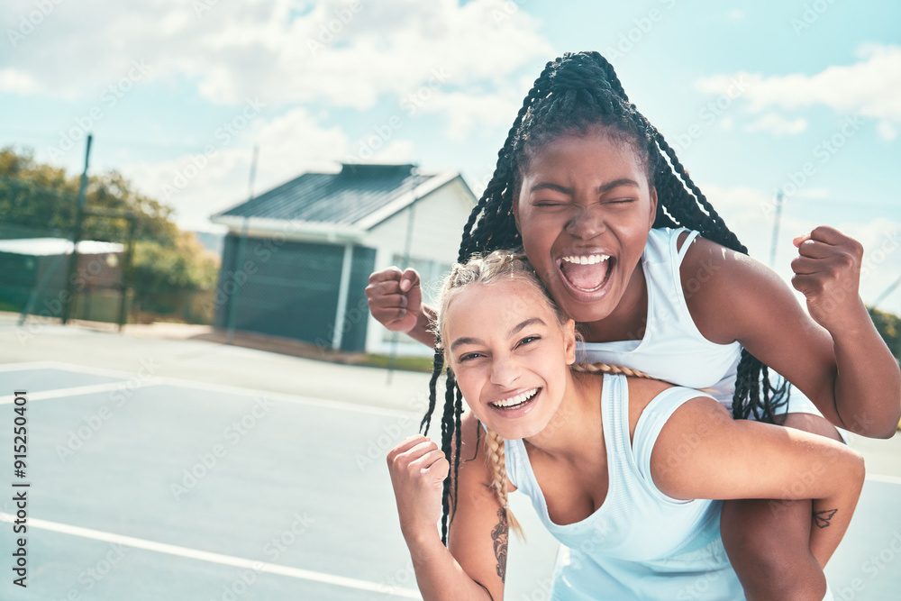 Tennis player, women and celebration portrait on court with piggyback ...
