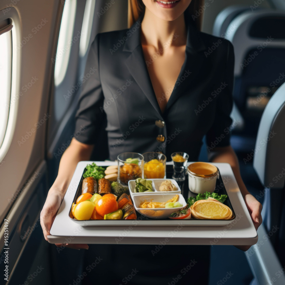 Cabin crew or flight attendants are holding food trays ready to serve ...