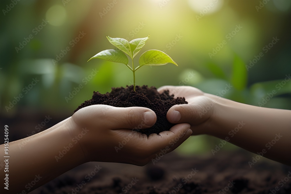 Concept of nurturing and caring for nature. A hand holding young plant ...