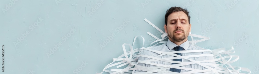 overwhelmed businessman trapped in a mountain of paperwork, exhausted ...