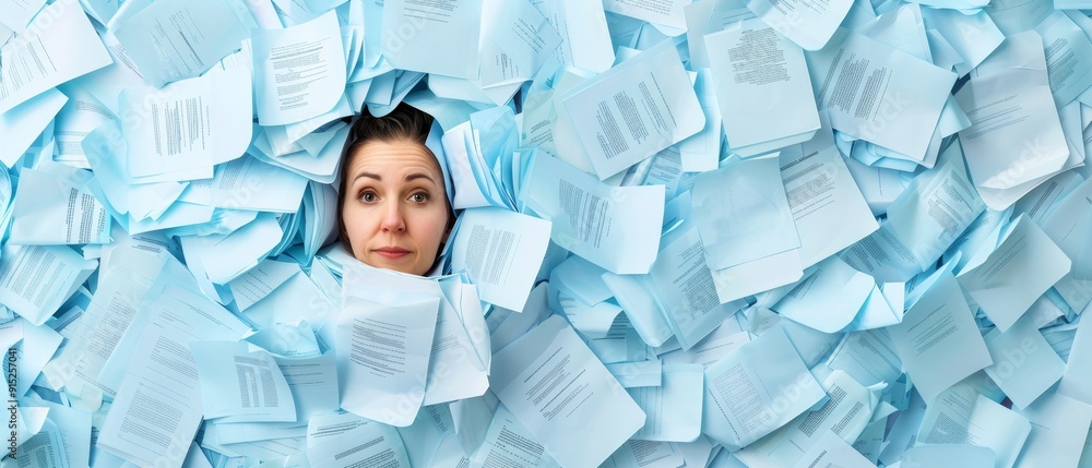 woman overwhelmed by a mountain of paperwork, drowning in documents ...