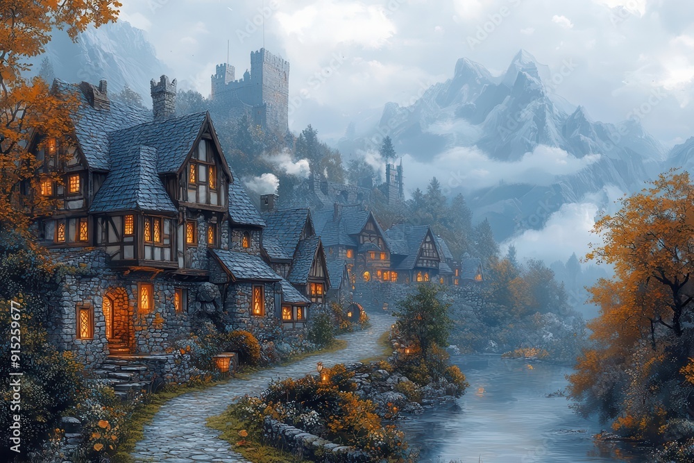 enchanting illustration of a medieval fantasy village nestled in a ...
