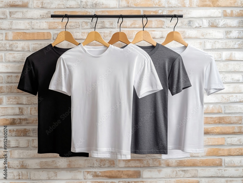 Four t-shirts displayed on a brick wall showcase a variety of colors ...