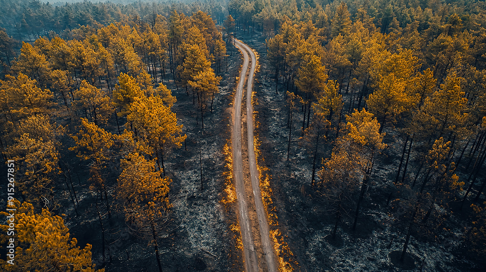 Aerial view of a charred forest after a fire, taken from a top down ...