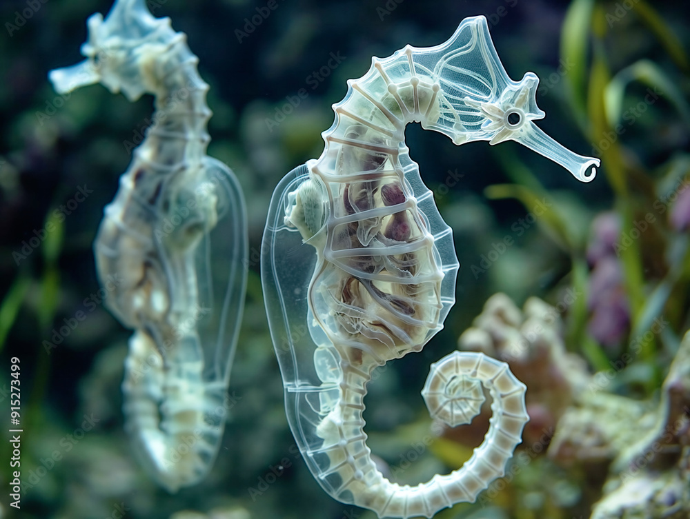 Two white sea horses are swimming in a tank. The tank is filled with ...