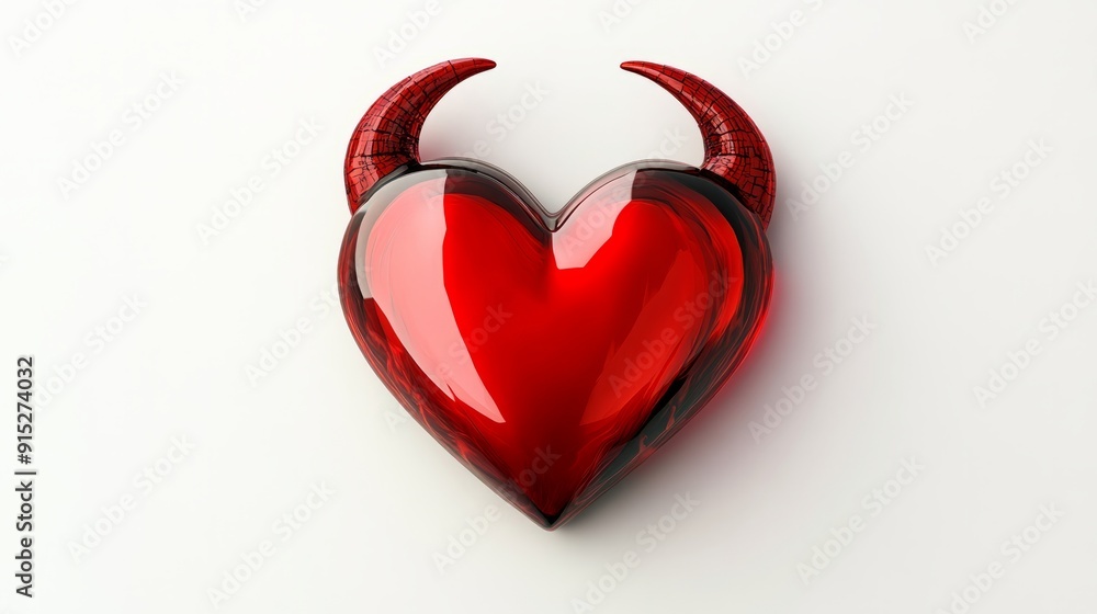 3d romantic illustration of red heart with devil horn and tail on white ...