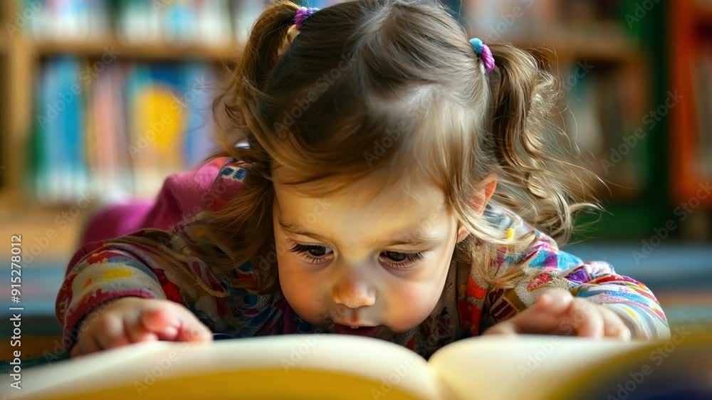 A young child reading a colorful book in a cozy library corner ...