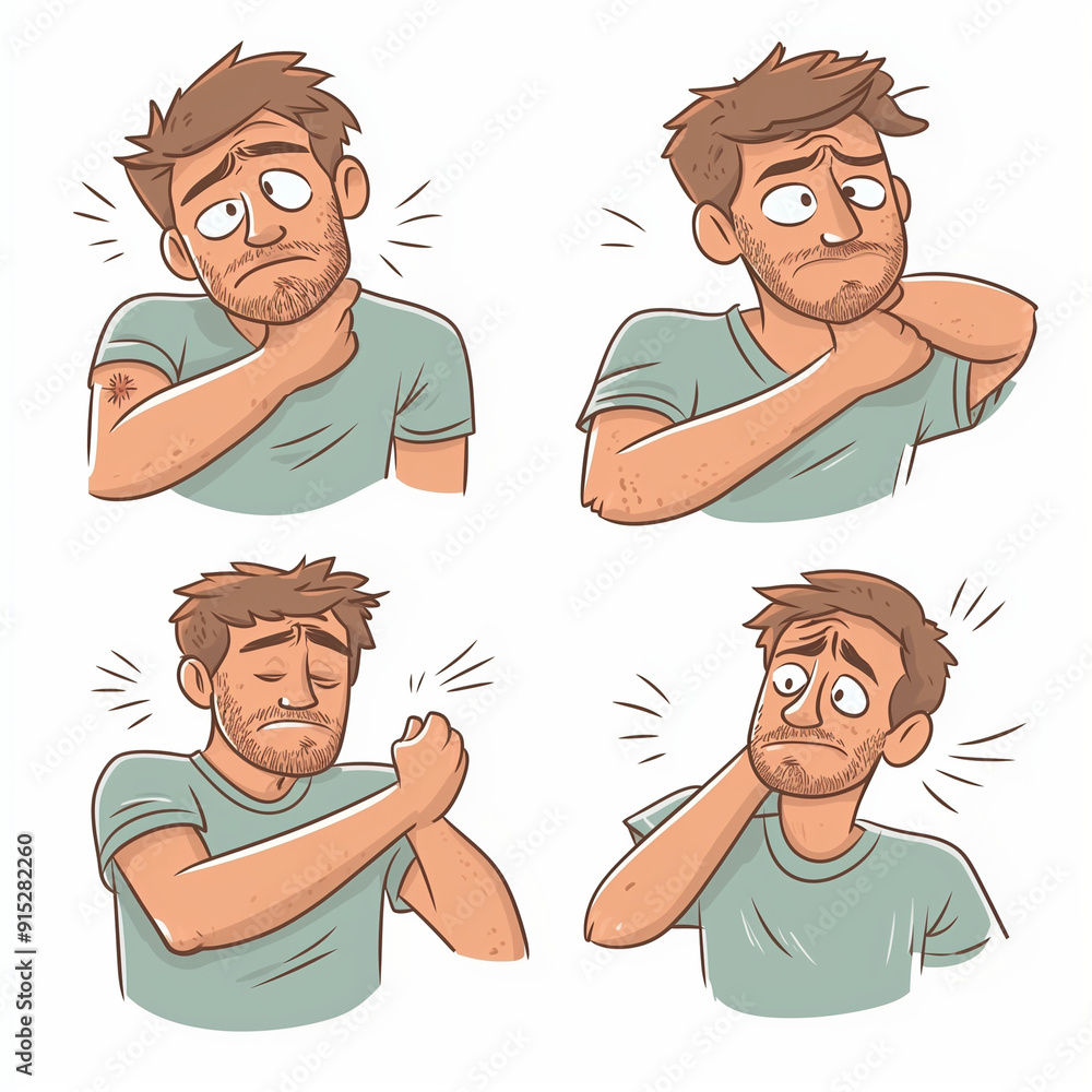 A man with a bandaged arm is shown in four different poses. The first ...