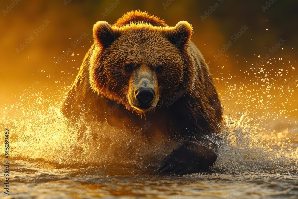 ferocious grizzly bear charges through shallow river water splashing ...
