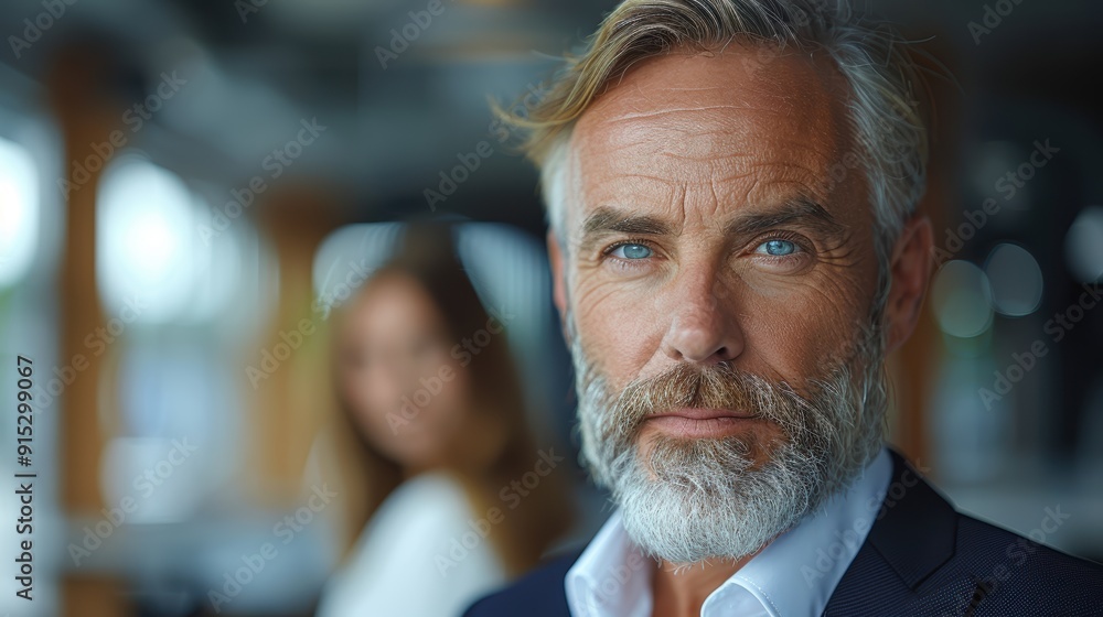 A distinguished man with a beard and captivating blue eyes in a modern ...
