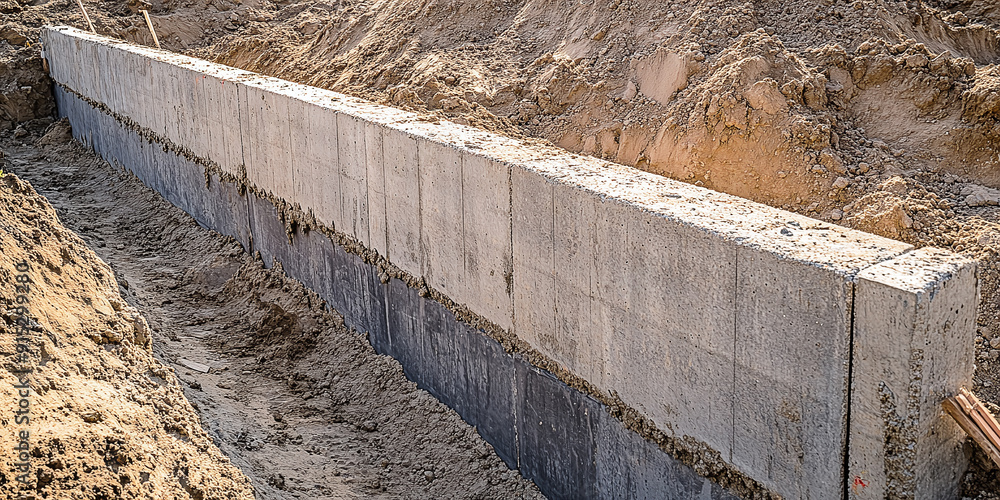 Construction of a reinforced concrete base for a retaining wall fence ...