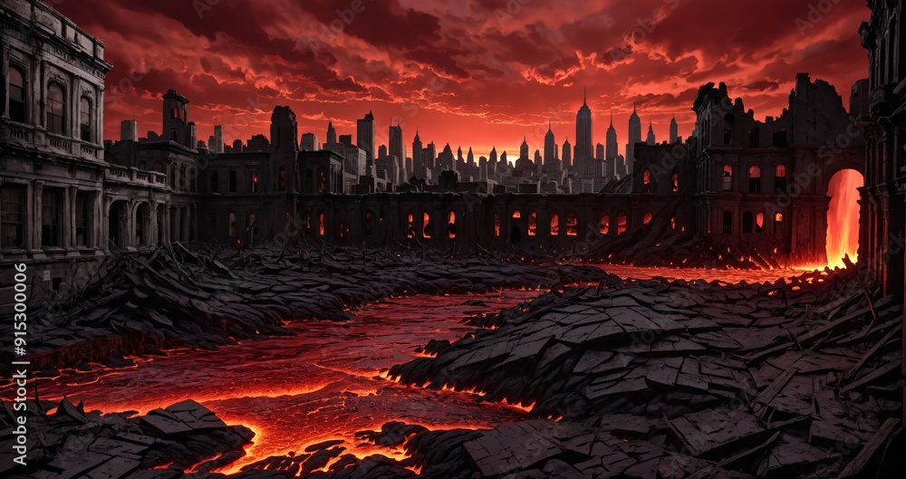 lava river to gothic castle with molten magma under a blood red sky ...