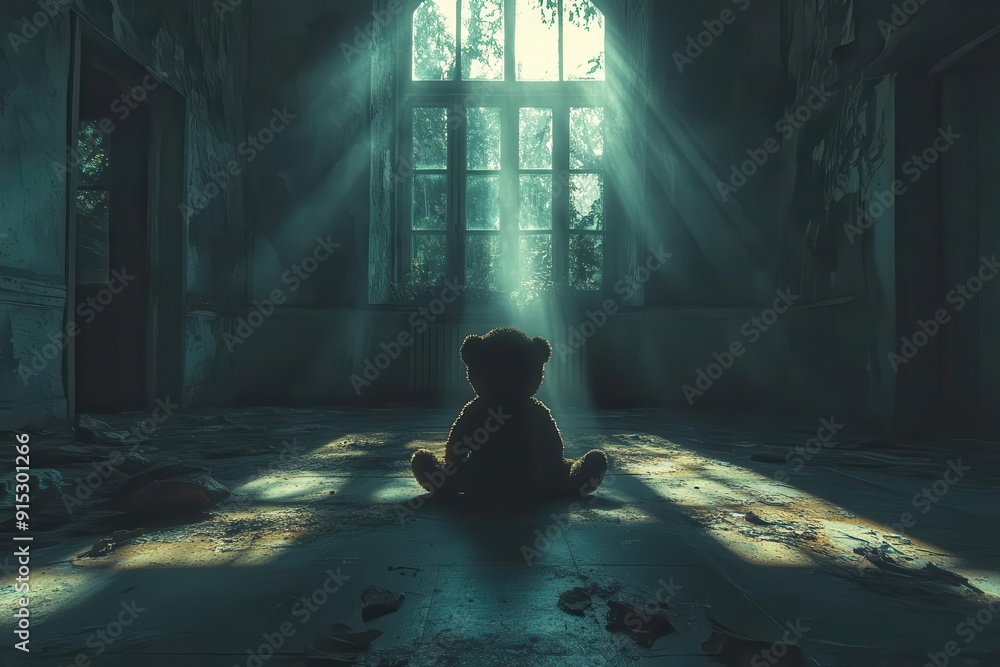 haunting scene of lonely child with teddy bear in abandoned room muted ...