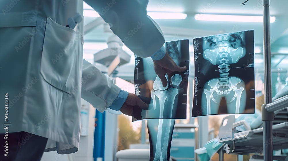 Orthopedic surgeon doctor examining patient's knee joint x-ray films ...