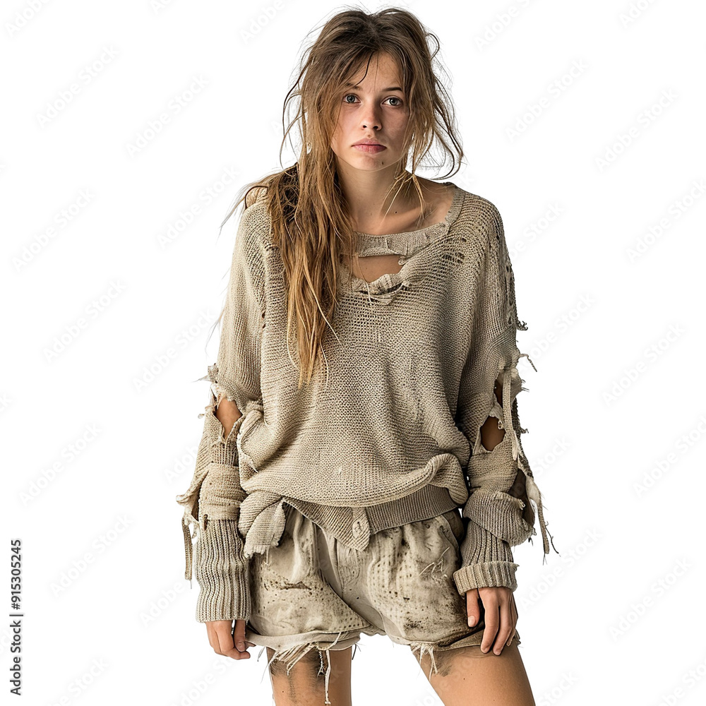 Front view mid body shot of a extremely ugly homeless Caucasian woman ...