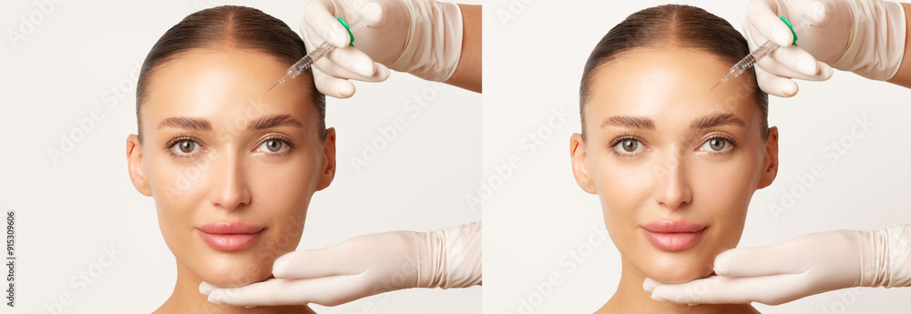 Lady receiving botox beauty injection in forehead standing over white ...