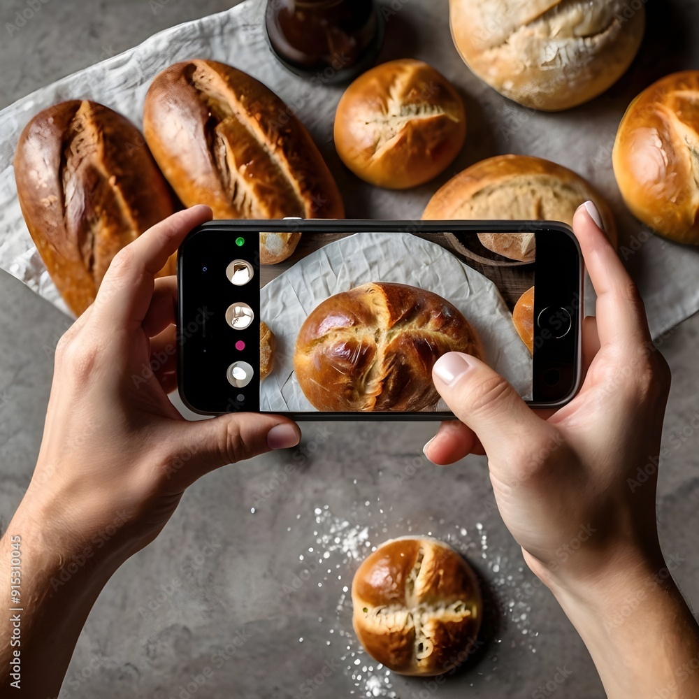 Female bakery chef or baker uses a with her smartphone mobile to take ...