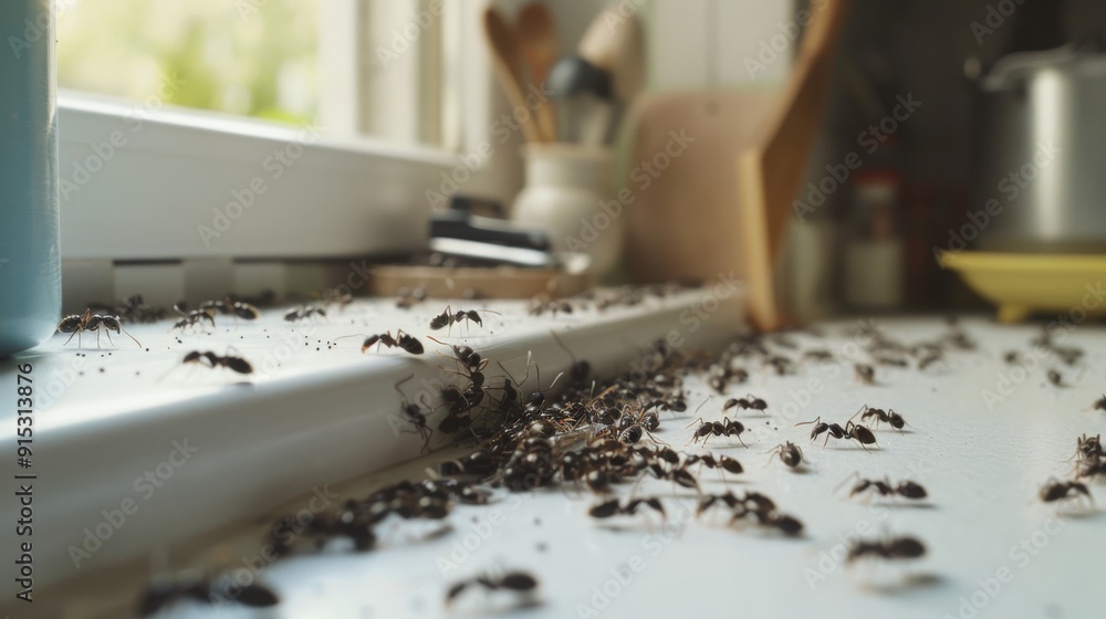 A swarm of ants invading a kitchen countertop, creating a busy yet ...