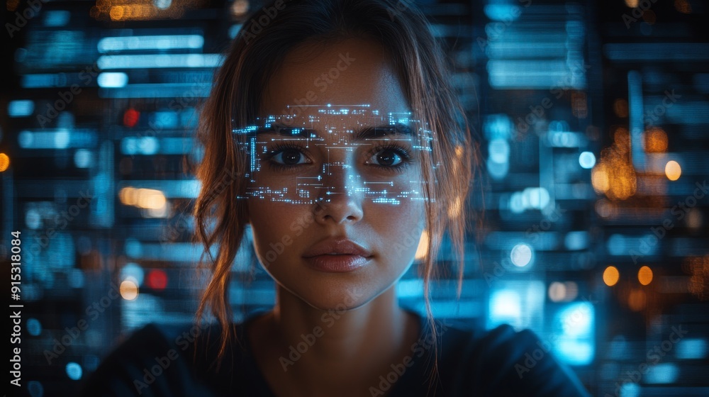 Virtual team meeting, diverse faces on screens, futuristic AR interface ...