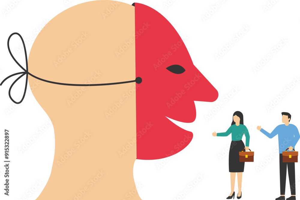 Dishonest businessman hiding behind disguise mask pretend to lying ...