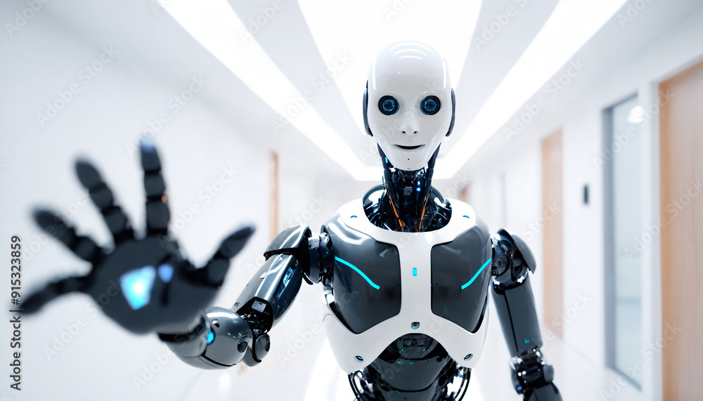 A modern friendly robot with artificial intelligence greets by raising ... A modern friendly robot with artificial intelligence greets by raising ...