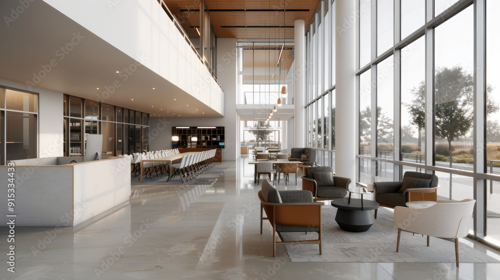 A modern, airy office lobby with abundant natural light, featuring ...
