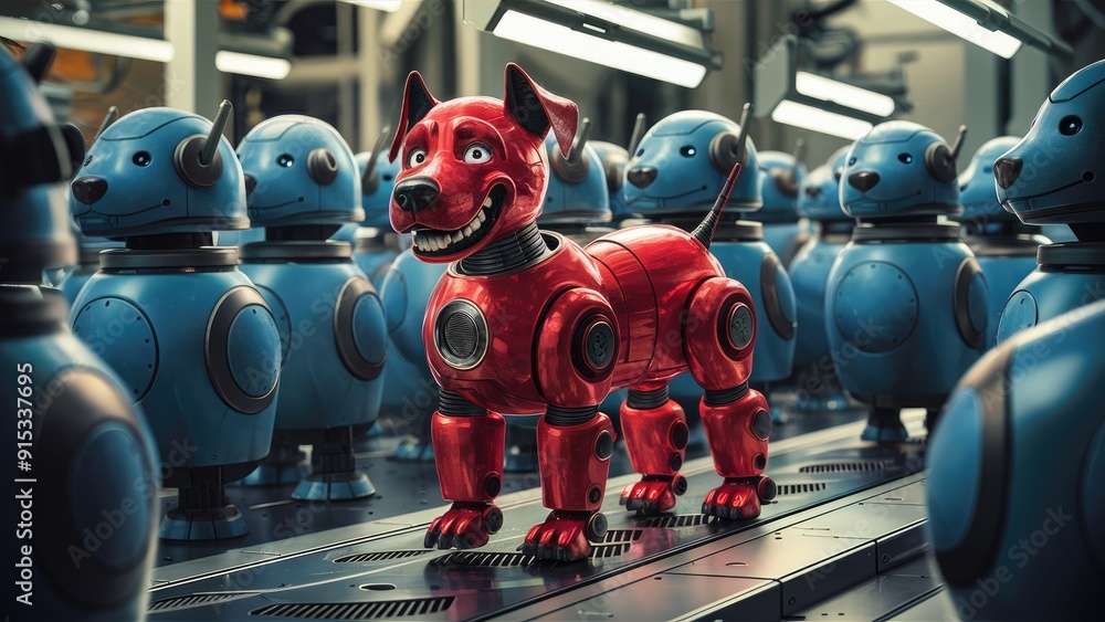 Vivid red robot dog stands out against a uniform crowd of blue robotic ...