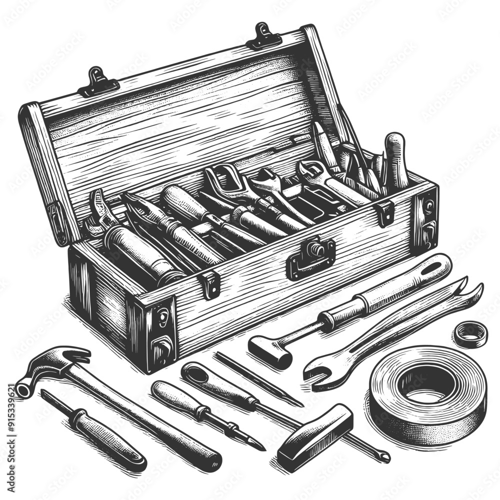 open toolbox, displaying a range of mechanical tools in a striking ...