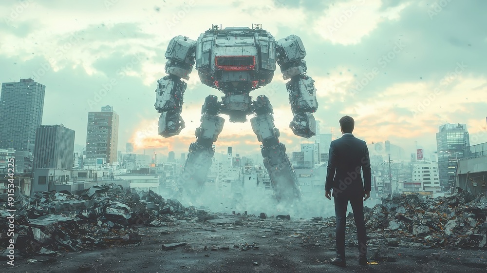 CEO facing a towering robot in a futuristic Neo Tokyo, embodying the ...
