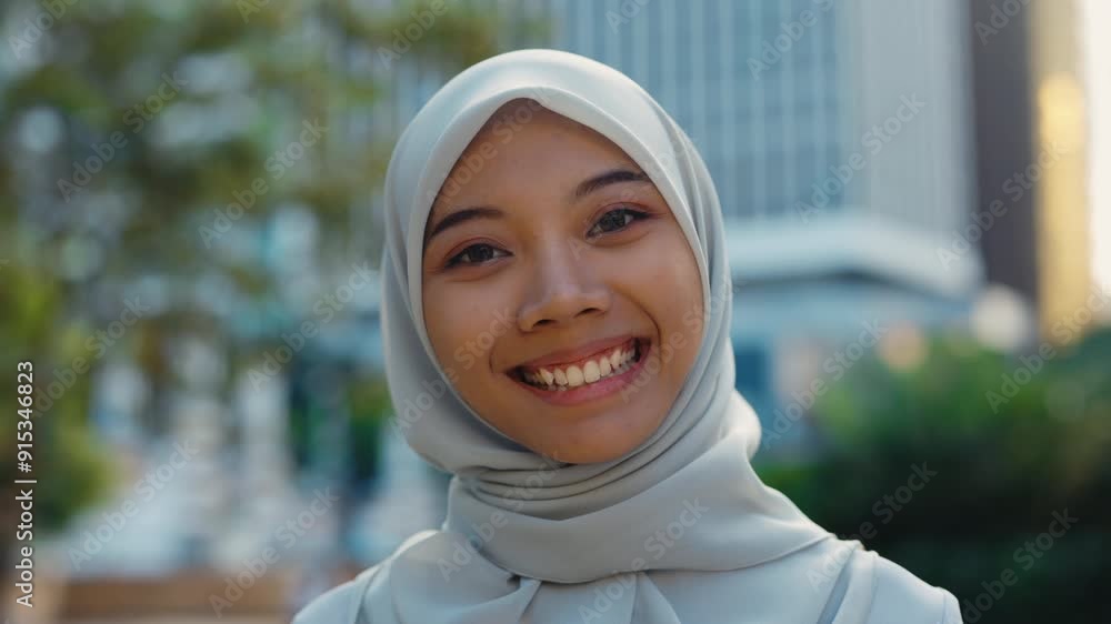 Smiling Islamic Lady Outside Standing, Wearing Blue Hijab and Looking ...