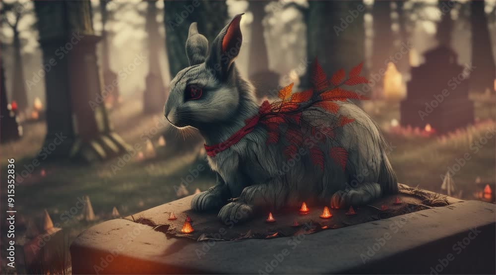The camera focuses on a mummy rabbit sitting atop a tombstone in a ...