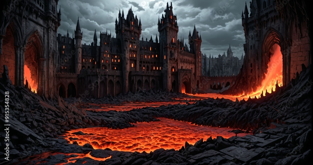 gothic hellmouth castle fortress with flowing river molten lava and ...