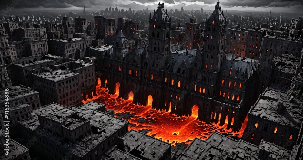 lava magma river flowing through destroyed city buildings in dark ...