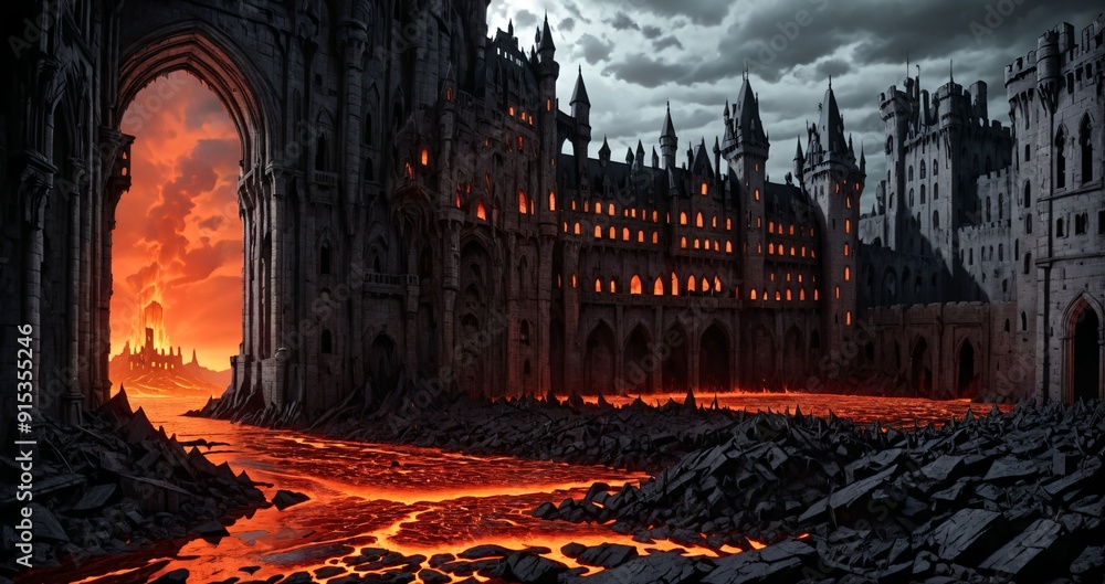 gothic hellmouth castle fortress with flowing river molten lava and ...