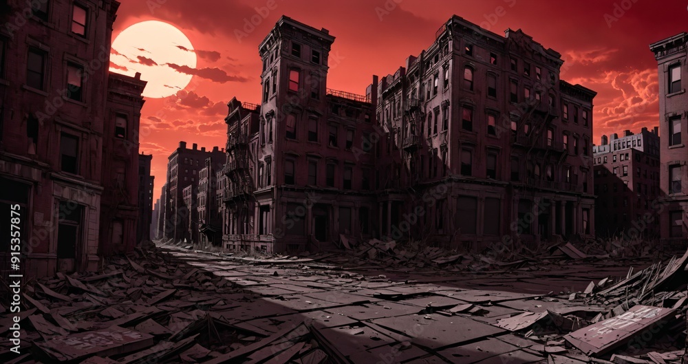 barren post apocalyptic city ruins wasteland. destroyed abandoned town ...