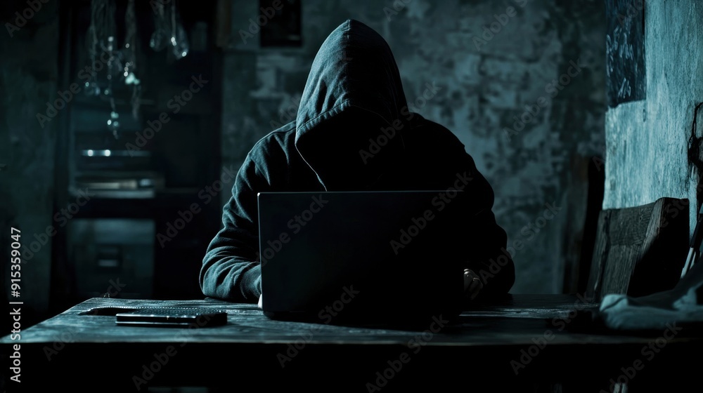 Mysterious Hooded Figure in Dark Room Hacking on Laptop, Cybersecurity ...