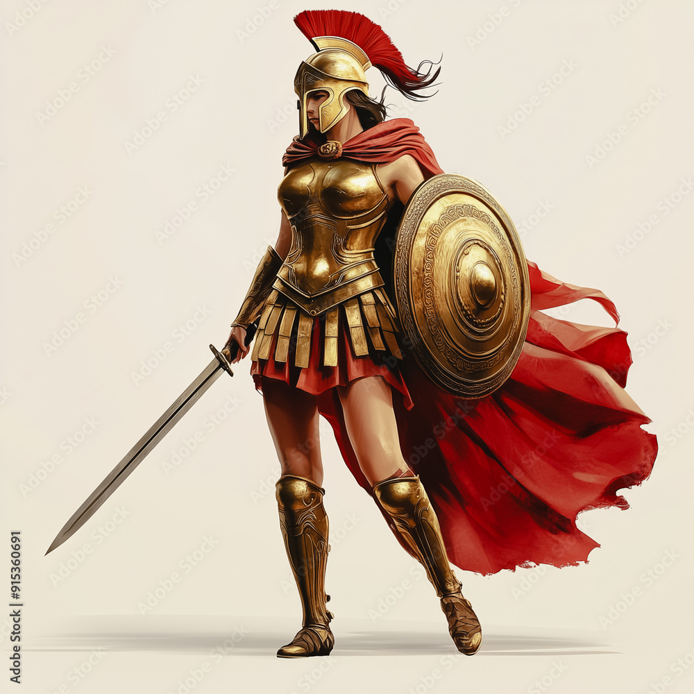 Warrior woman in ancient armor holding a sword and shield with red cape ...