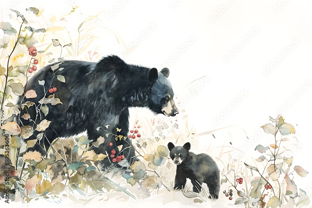 Watercolor Painting of a Mama Black Bear and Her Cub in the Woods ...