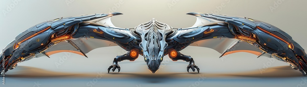 Create a rear view of a sleek, metallic dragon integrated with ...